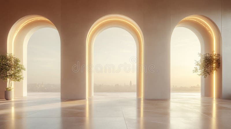 Minimalist Interior with Golden Hour Archways and City View Stock ...