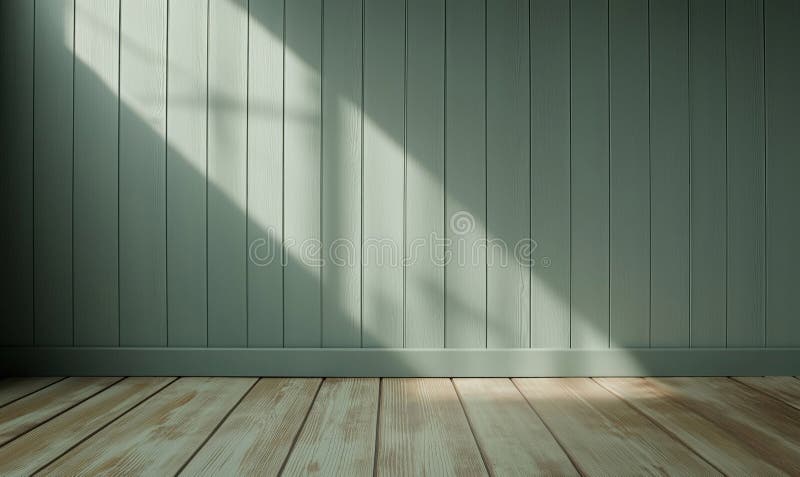 Minimalist Interior with Green Wooden Wall and Sunlight Shadows Stock ...