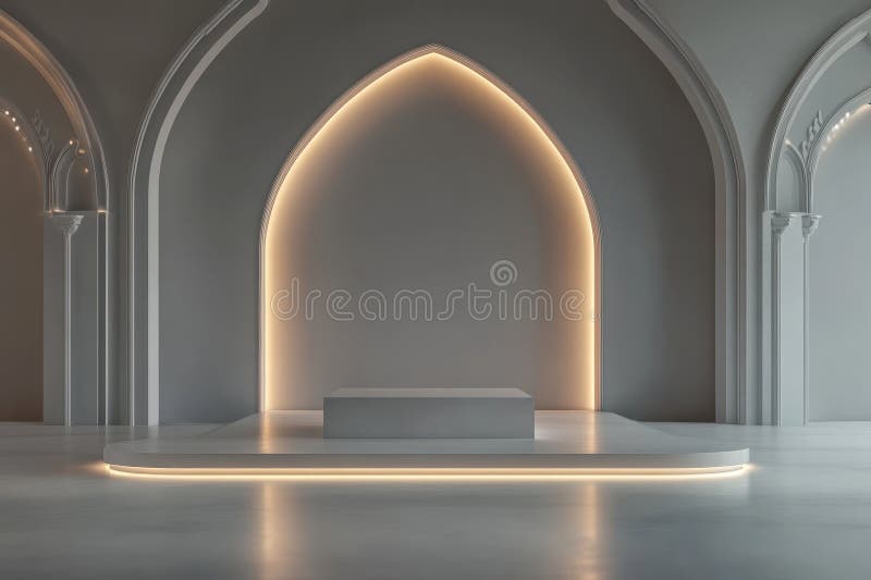 A Minimalist Interior with an Illuminated Arch and Platform, Suggesting ...