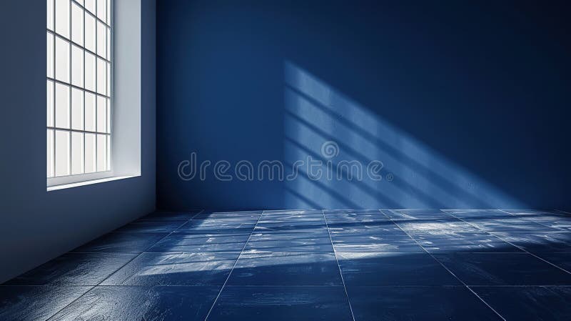 A Minimalist Interior with a Large Window Casting Light Across a Blue ...
