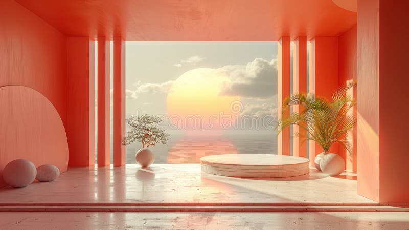 Minimalist Interior with a Large Window at Dawn. the Room is Decorated ...