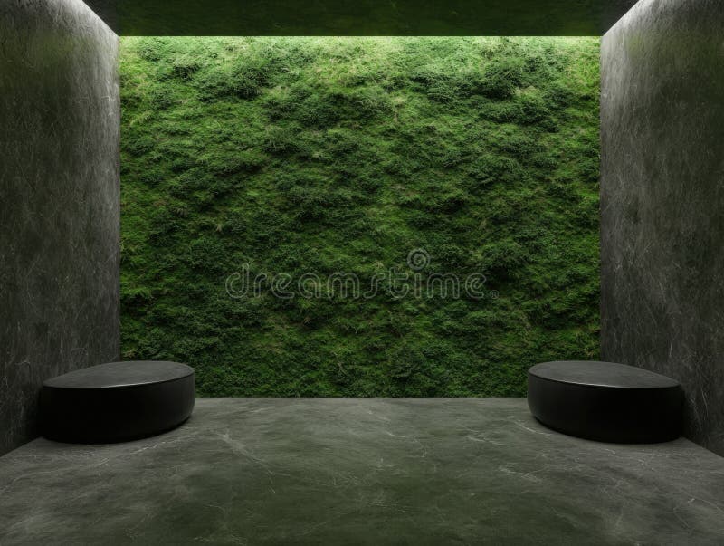 Minimalist Interior with Moss Wall and Stone Seating. Stock Illustration - Illustration of ...