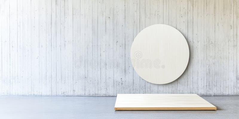 Minimalist Interior with Oval Canvas on Concrete Wall and Wooden ...