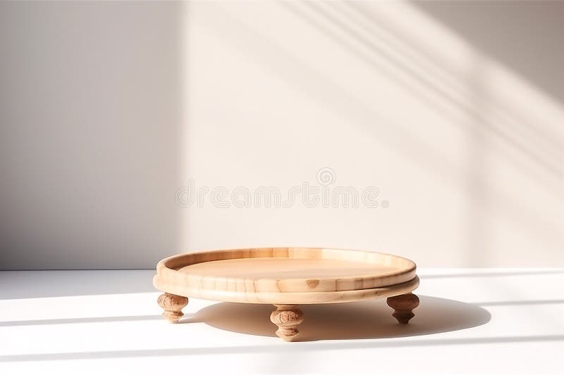 A Minimalist Interior with a Round Wooden Tray on a White Table ...