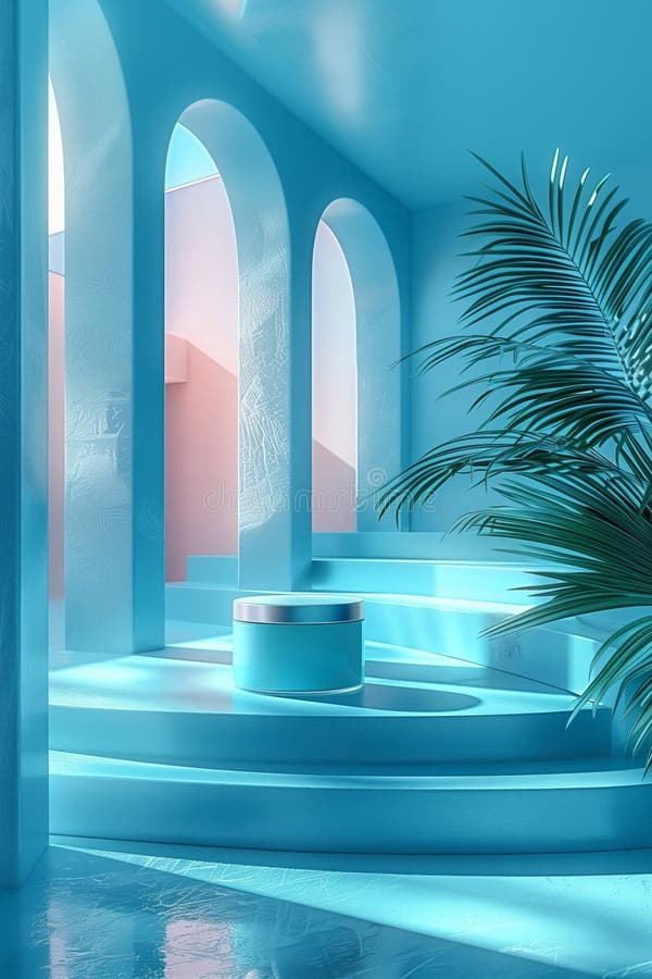Blue Room Interior with Arched Windows and a Product Display Stock ...