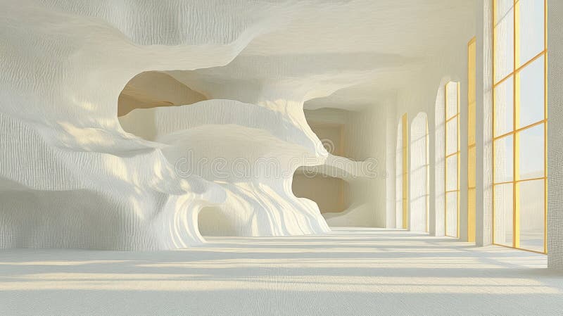 A Minimalist Interior Space Featuring Organic Shapes and Large Windows ...