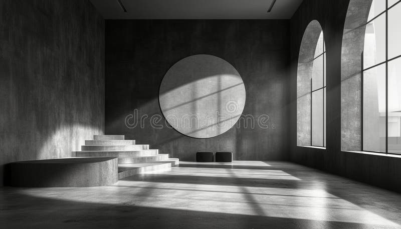 Minimalist Interior with Stark Shadows, a Large Circular Wall Motif ...