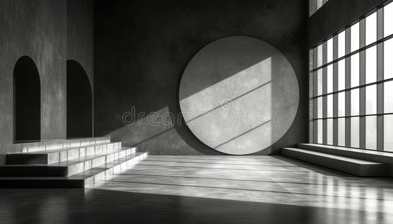 Minimalist Interior with Stark Shadows, a Large Circular Wall Motif ...