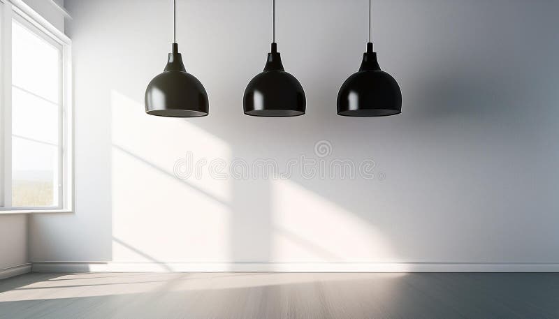 Minimalist Interior with Three Black Pendant Lights Casting Shadows on ...