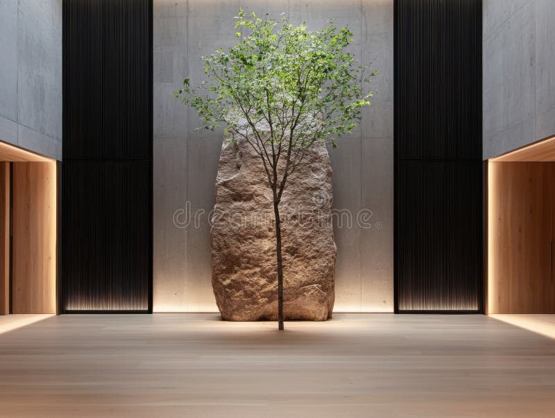 Minimalist Interior with a Tree Growing from a Rock. Stock Illustration ...