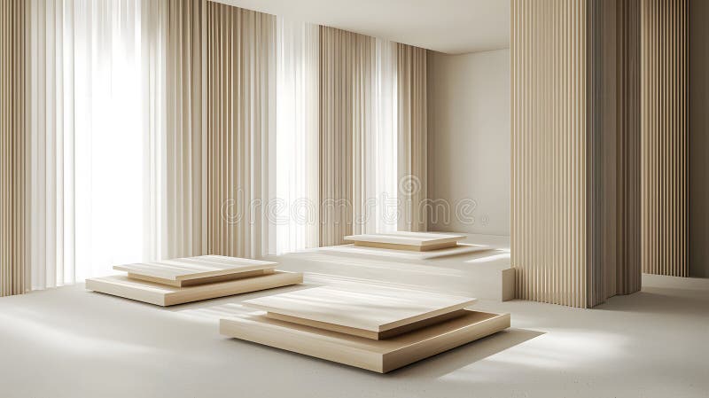 Minimalist Interior with Wooden Platforms and Curtains Stock ...