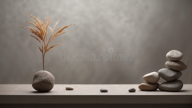 Minimalist Interior with Wooden Stick, Rocks, and Concrete Wall. Stock ...