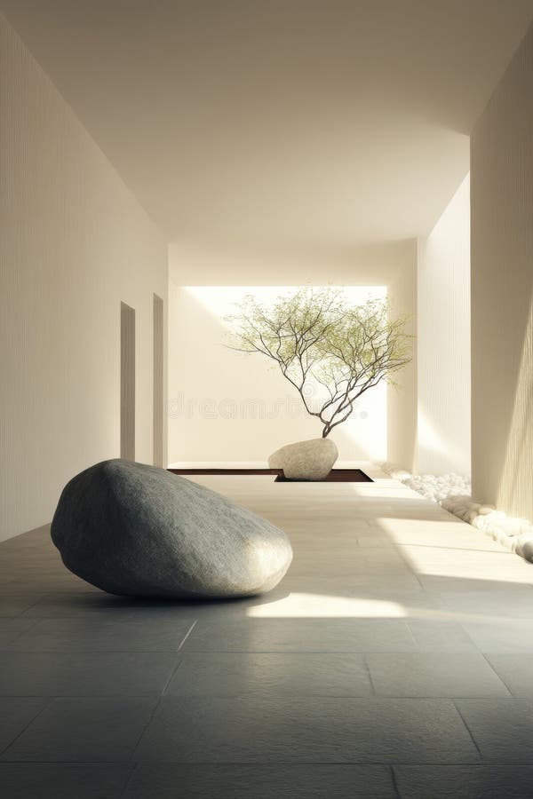 Minimalist Interior with Zen Inspired Design Featuring Large Stone ...