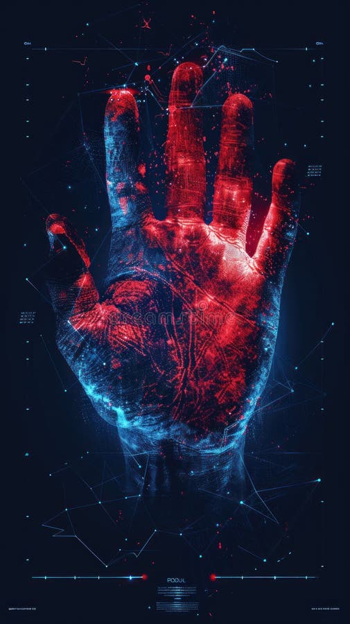 Minimalist Intrusion: Abstract Red Hand Outline Touching Blue Data ...