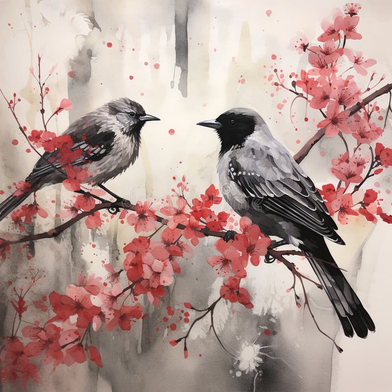 Minimalist Japanese Ink Wash Bird Painting Stock Illustration ...