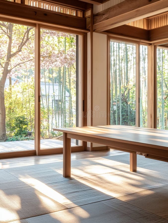 Minimalist Japanese Interior with Wooden Table and Sunlight Streaming ...