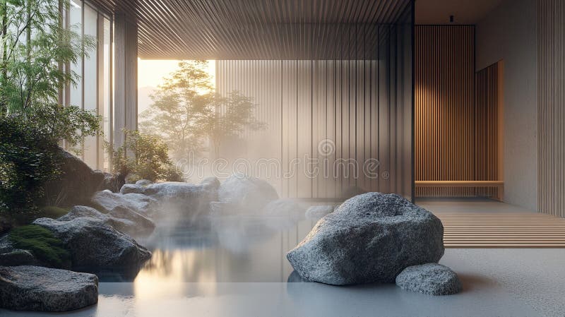 Minimalist Japanese Onsen with Natural Rocks and Mist. Stock Image ...