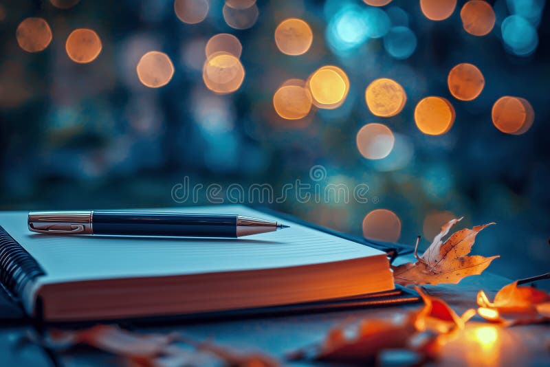 A Minimalist Journal with a Glowing Pen and Scattered Leaves, Artistic ...