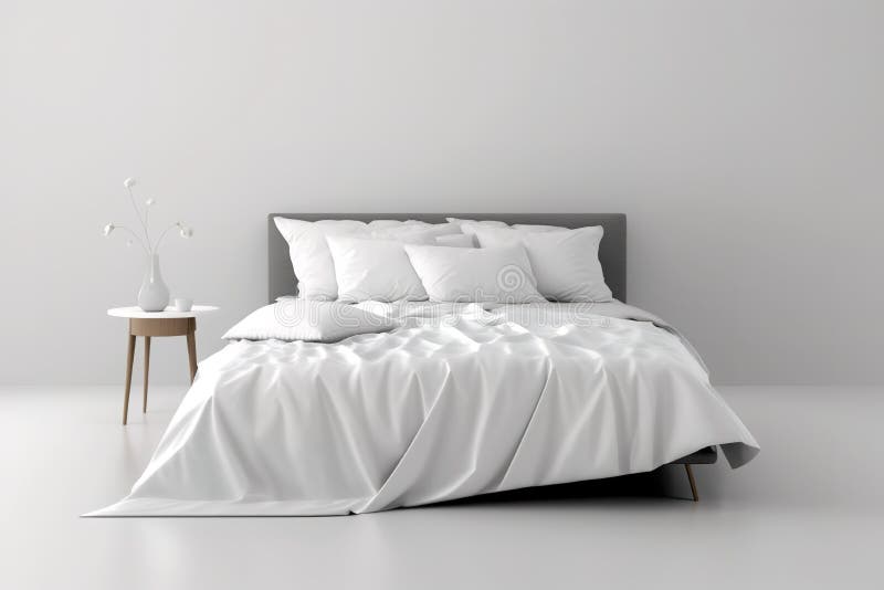 Minimalist King Size Bed with White Pillows and White Blanket. White ...