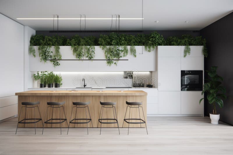 Minimalist Kitchen with Clean, Sleek Lines and a Touch of Greenery ...