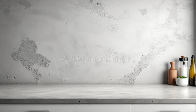 Minimalist Kitchen with Concrete Tabletop on White Wall Background for ...