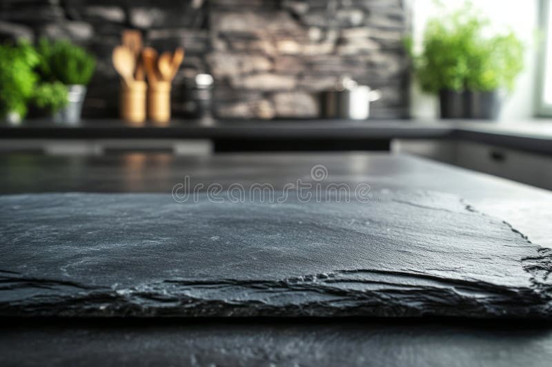 A Minimalist Kitchen Counter with a Textured Slate Surface, Surrounded ...
