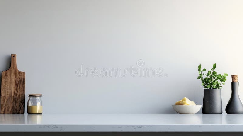A Minimalist Kitchen Countertop Featuring Herbs, Condiments, and a Bowl ...