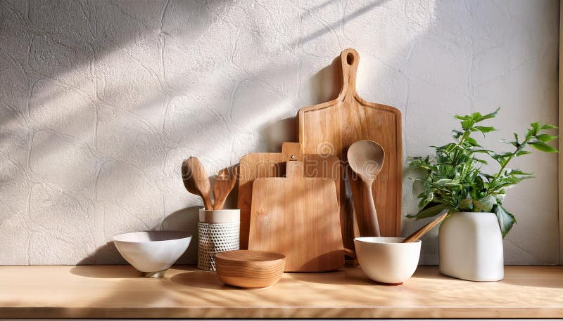 Minimalist Kitchen Countertop with Wooden Utensils and Cutting Boards ...