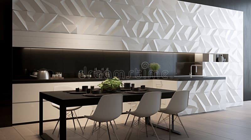 A Minimalist Kitchen with a 3D Cubic Wall Pattern in White, Paired with ...
