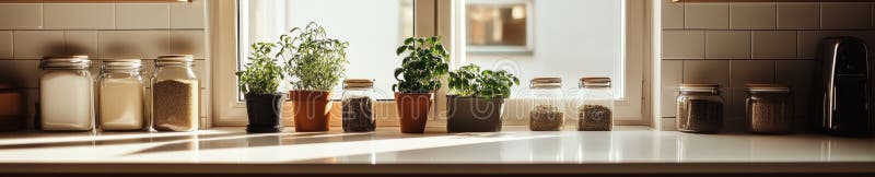 Minimalist Kitchen Design with White Countertops and Herb Plants for ...