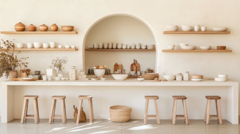 Minimalist Kitchen Display Featuring Elegant Pottery and Wooden Shelves ...