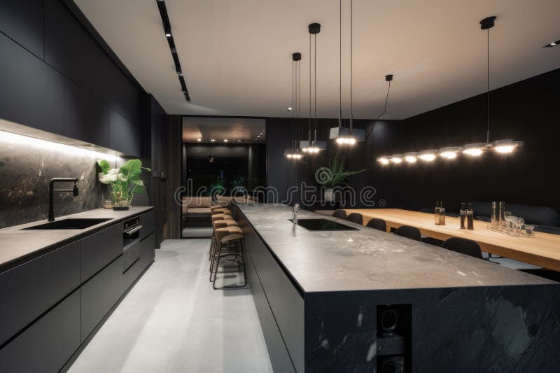 Minimalist Kitchen, with Dramatic Overhead Lighting Shining Down on the ...