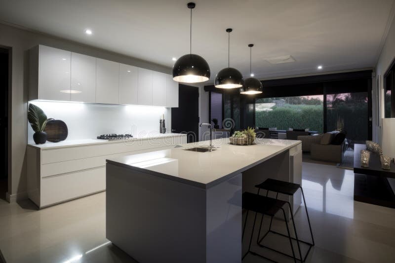 Minimalist Kitchen, with Dramatic Overhead Lighting Shining Down on the ...