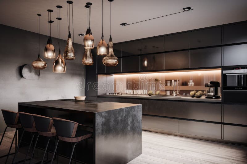 Minimalist Kitchen, with Dramatic Overhead Lighting Shining Down on the ...