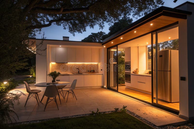 Minimalist Kitchen Integrated with Dining Area at Night Stock ...