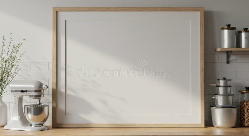 Minimalist Kitchen Interior with Empty Wooden Frame and Modern ...