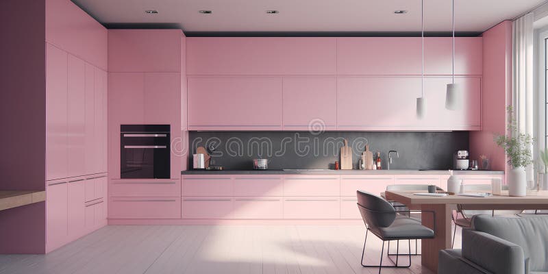 Minimalist Kitchen Interior in Pink Colors in Modern House Stock ...