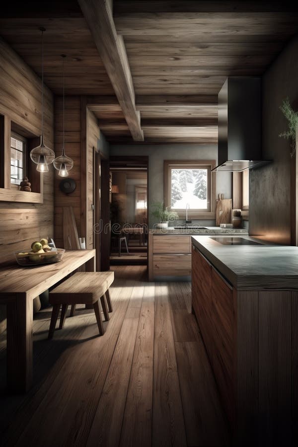 Minimalist Wooden Kitchen Interior in Modern Swiss Chalet Stock ...