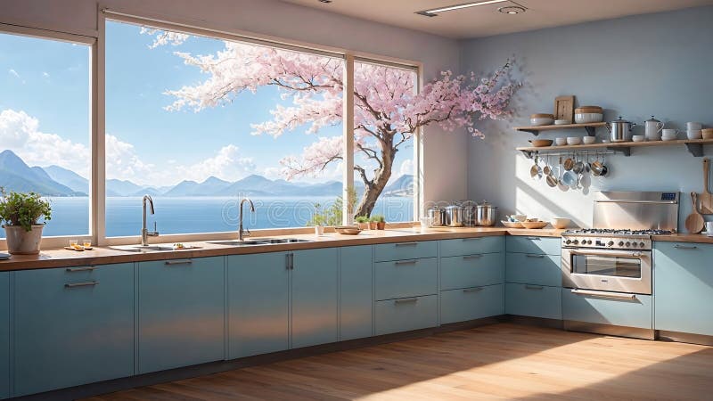 Minimalist Kitchen with a Panoramic Open Window View Stock Illustration ...