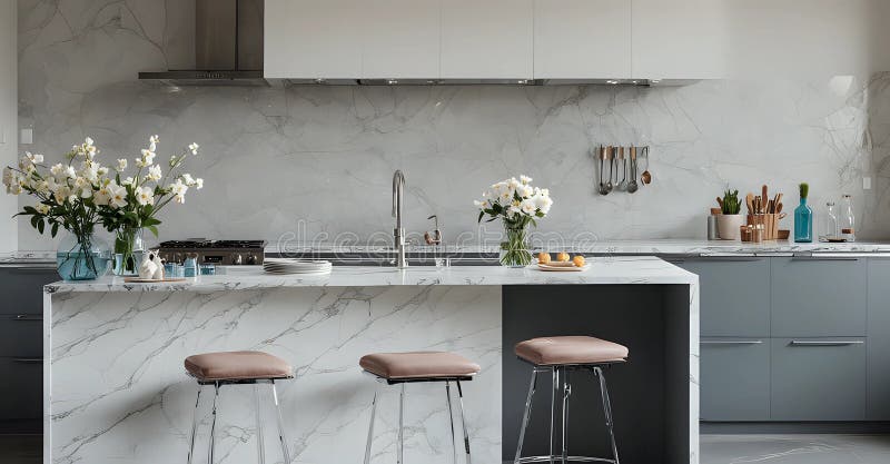 Minimalist Kitchen Serenity: Dark Gray and Pastel Blue. Low Angle Stock ...