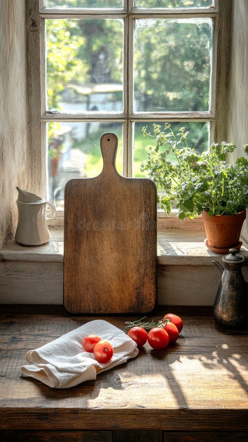 A Minimalist Kitchen Setting with an Empty Cutting Board and Towel ...