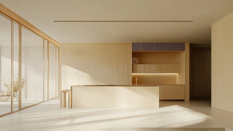 Minimalist Kitchen with Smooth Surfaces and Light Wood Accents. Stock ...