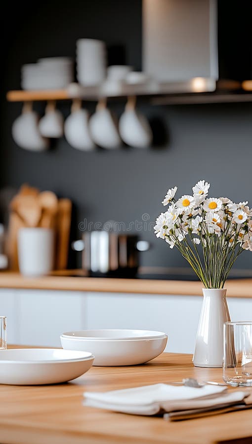 A Minimalist Kitchen Table Setting Features White Bowls, a Vase of ...