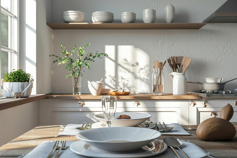 Minimalist Kitchen Table Setting with Natural Light Stock Illustration ...
