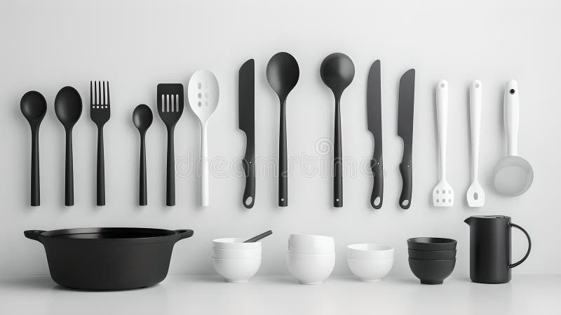Minimalist Kitchen Utensils Set Displayed on a Shelf. Black and White Cooking Tools Collection ...