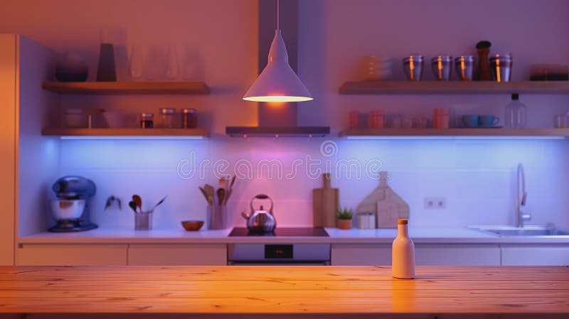 Minimalist Kitchen with Warm Lighting, Wooden Table, and Space for ...