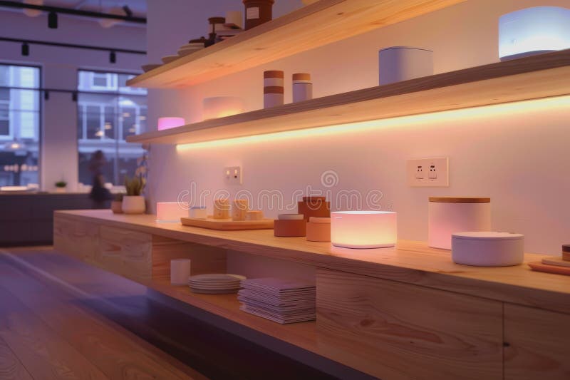 Minimalist Kitchen with Warm Lighting, Wooden Table, and Space for ...