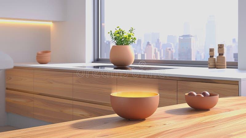 Minimalist Kitchen with Warm Lighting, Wooden Table, and Space for ...