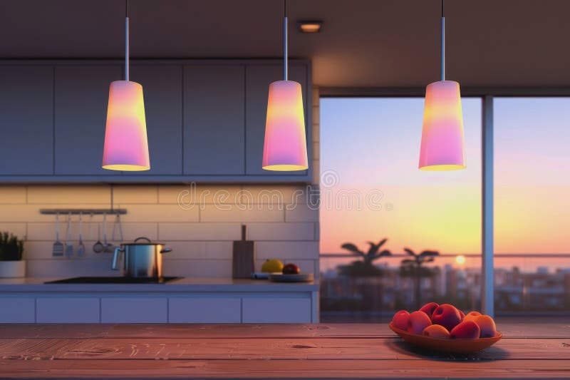 Minimalist Kitchen with Warm Lighting, Wooden Table, and Space for ...