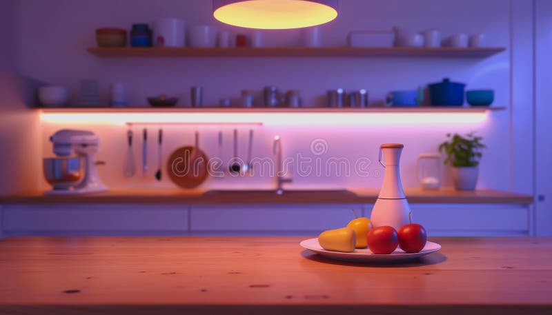 Minimalist Kitchen with Warm Lighting, Wooden Table, and Space for ...